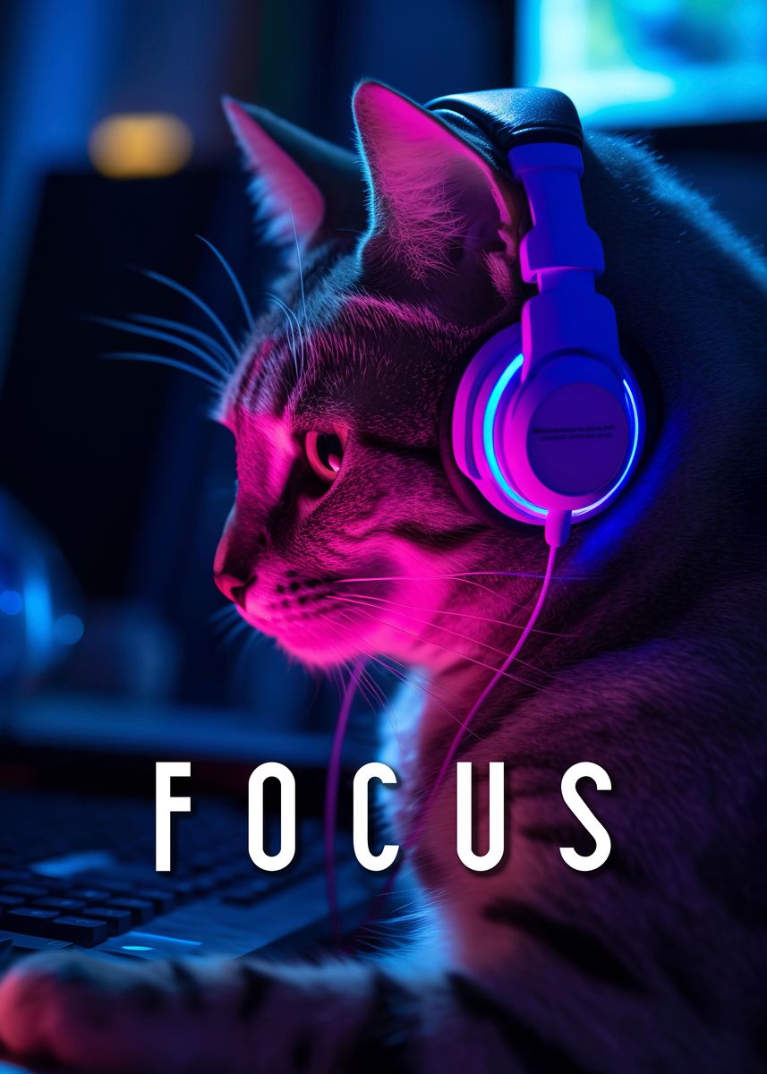 'Gaming Focus cat funny' Poster, picture, metal print, paint by MaluBobo | Displate
