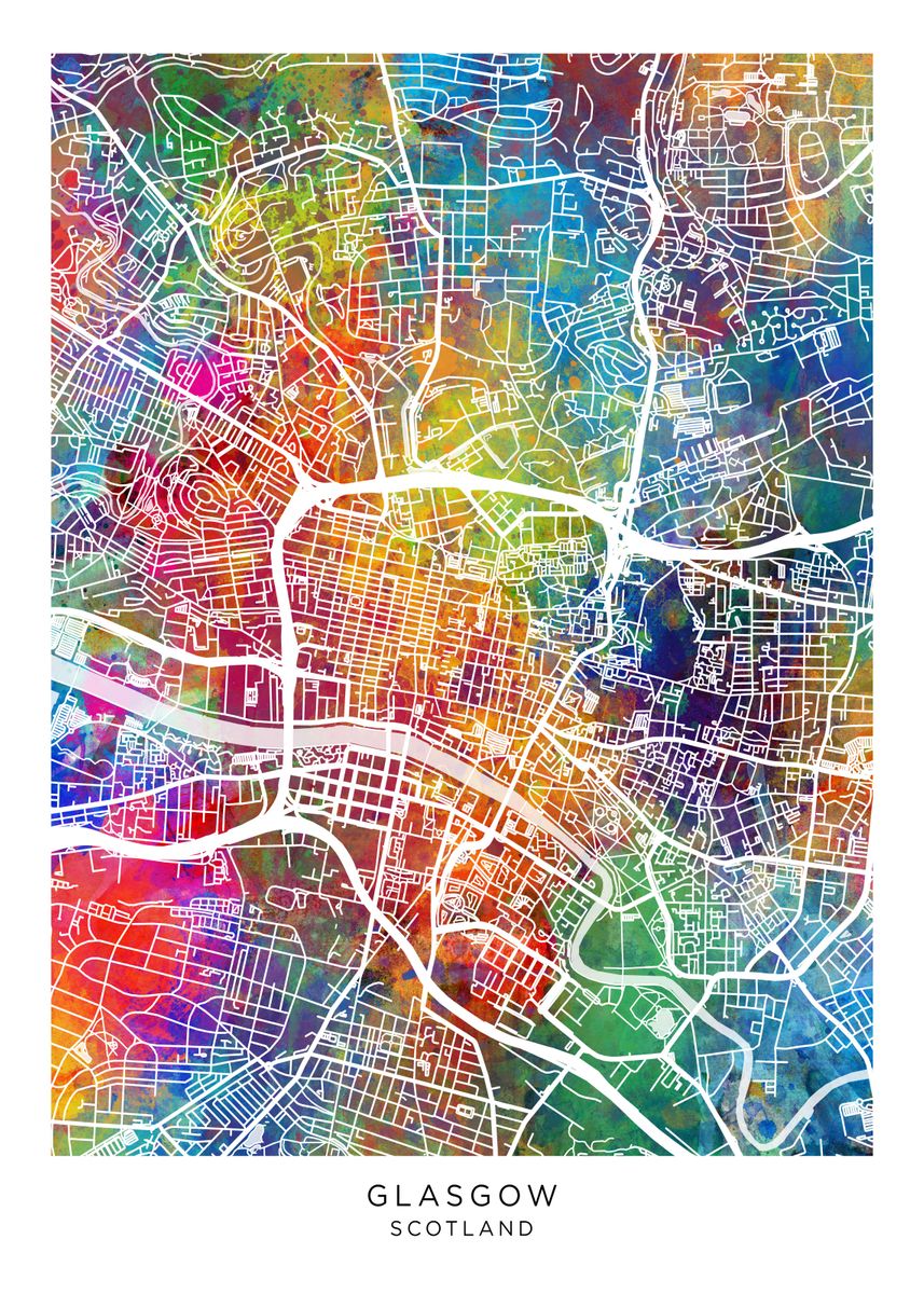 'Glasgow Scotland Map' Poster, picture, metal print, paint by Michael ...