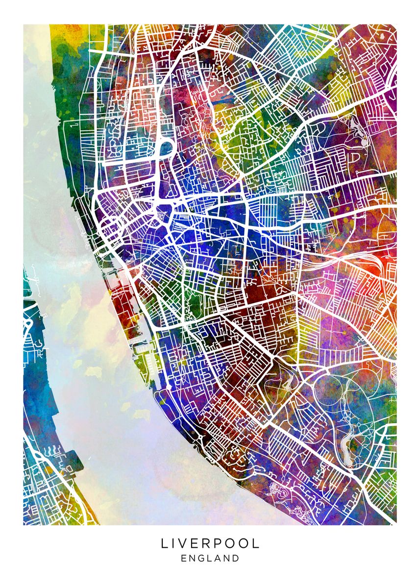 'Liverpool England Map' Poster, picture, metal print, paint by Michael ...