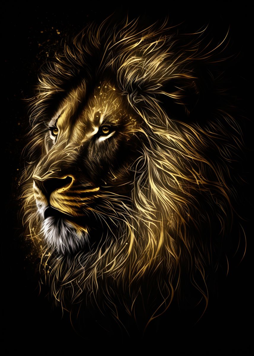 'Lion Black gold dark BG' Poster, picture, metal print, paint by Elz ...