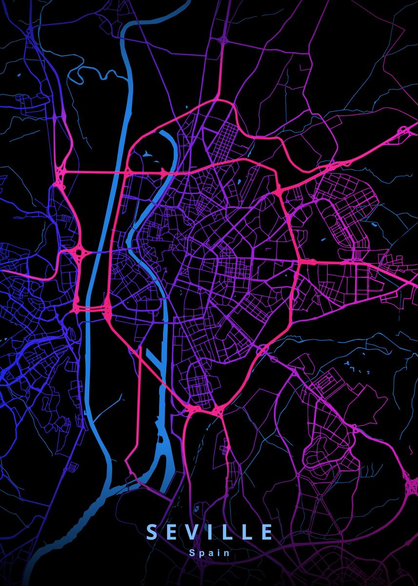 'Seville Spain Map' Poster, picture, metal print, paint by Deeo | Displate