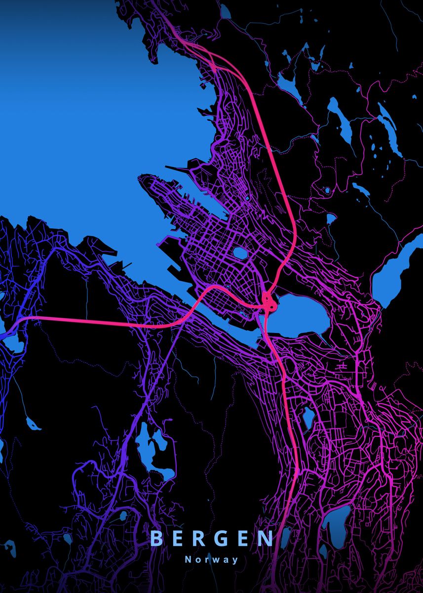 'Bergen Norway Map' Poster, picture, metal print, paint by Deeo | Displate