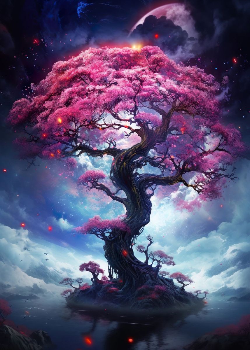 'Sakura Tree At Night' Poster, picture, metal print, paint by GLITCHED ...