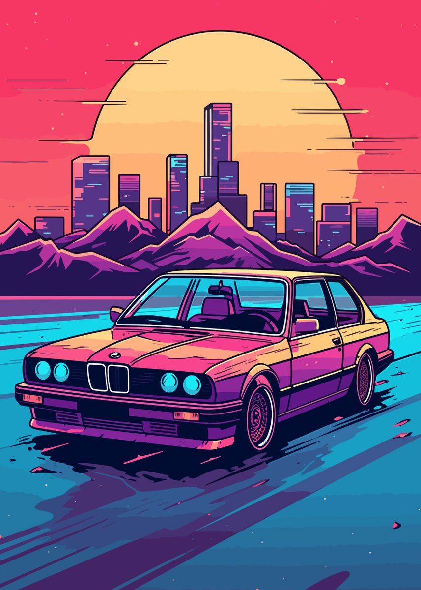 'BMW 3 Car Retro Synthwave' Poster, picture, metal print, paint by ...