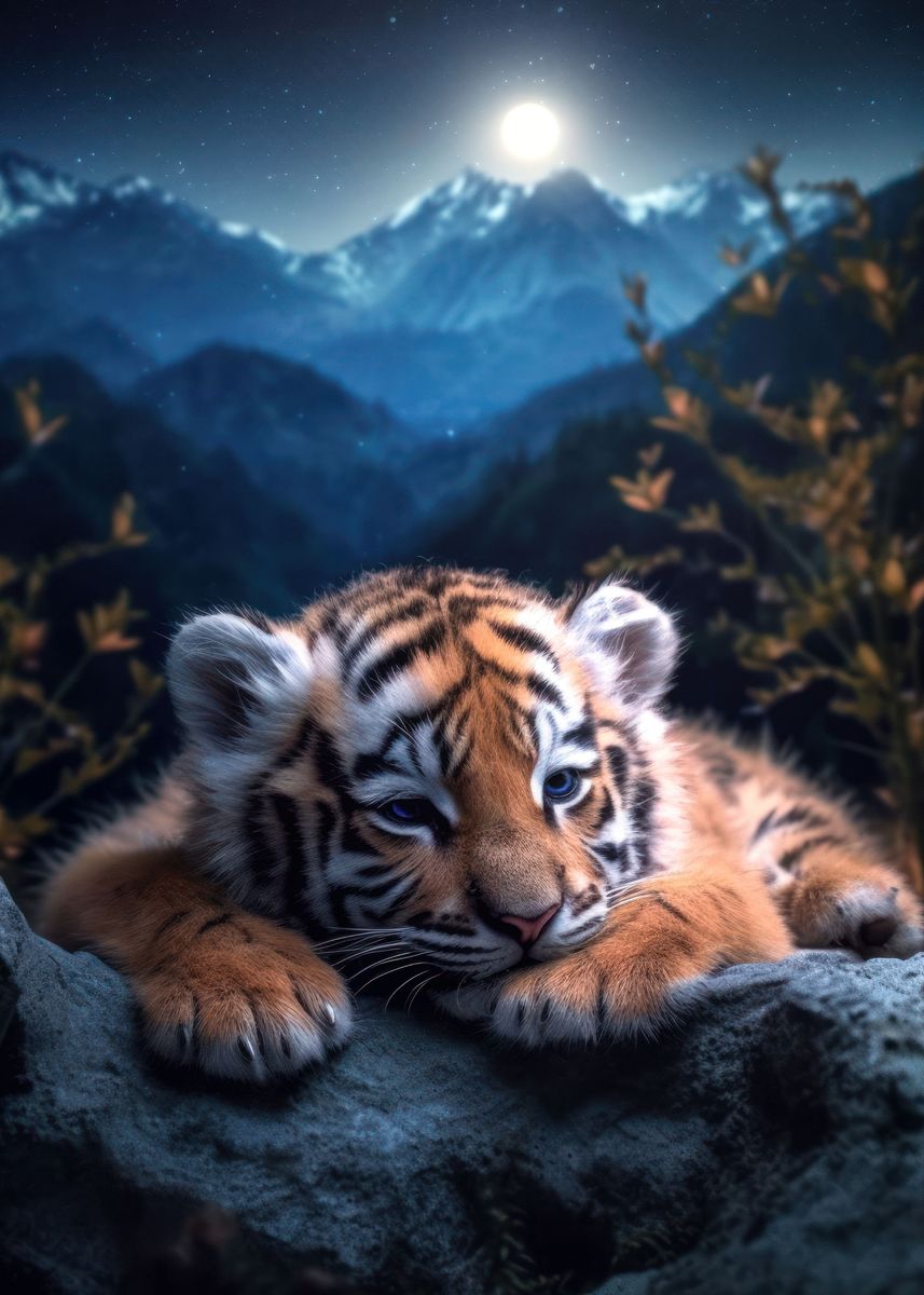 'tiger cub under moonlight' Poster by Adel S | Displate