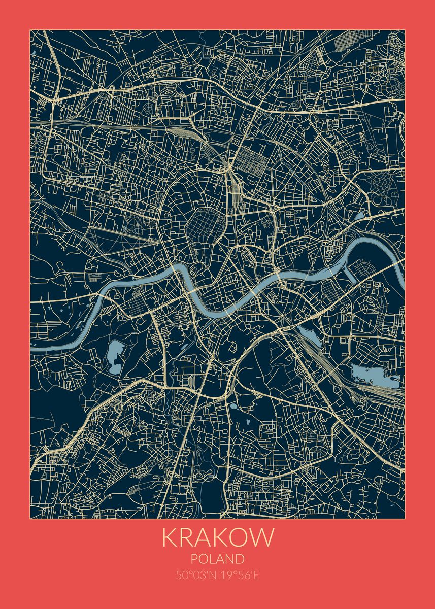 'Krakow Map Red Blue' Poster, picture, metal print, paint by dkDesign | Displate