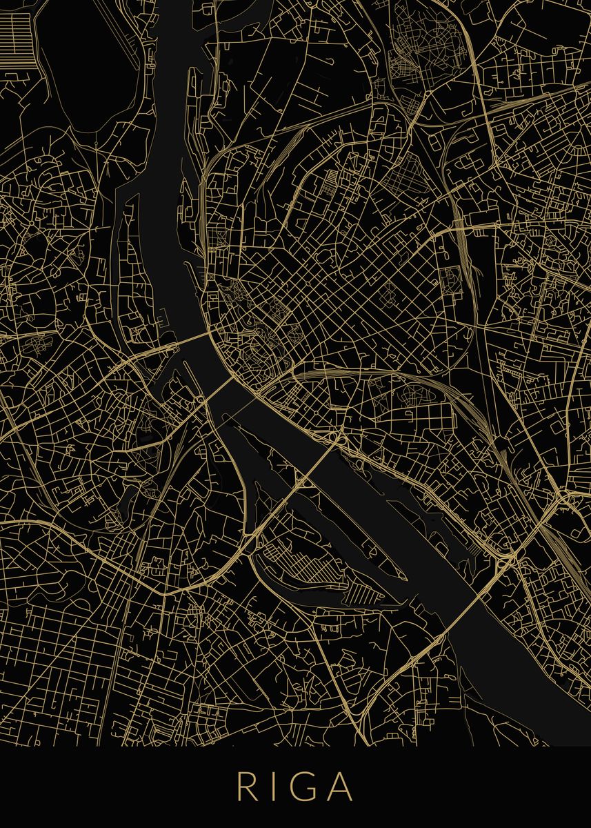 'Riga Map Black Gold' Poster, picture, metal print, paint by dkDesign ...