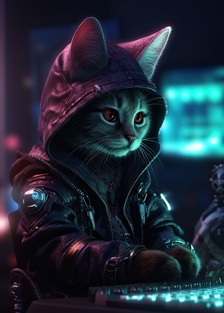 'hoodie cyber cat' Poster, picture, metal print, paint by TsabitQeis ...