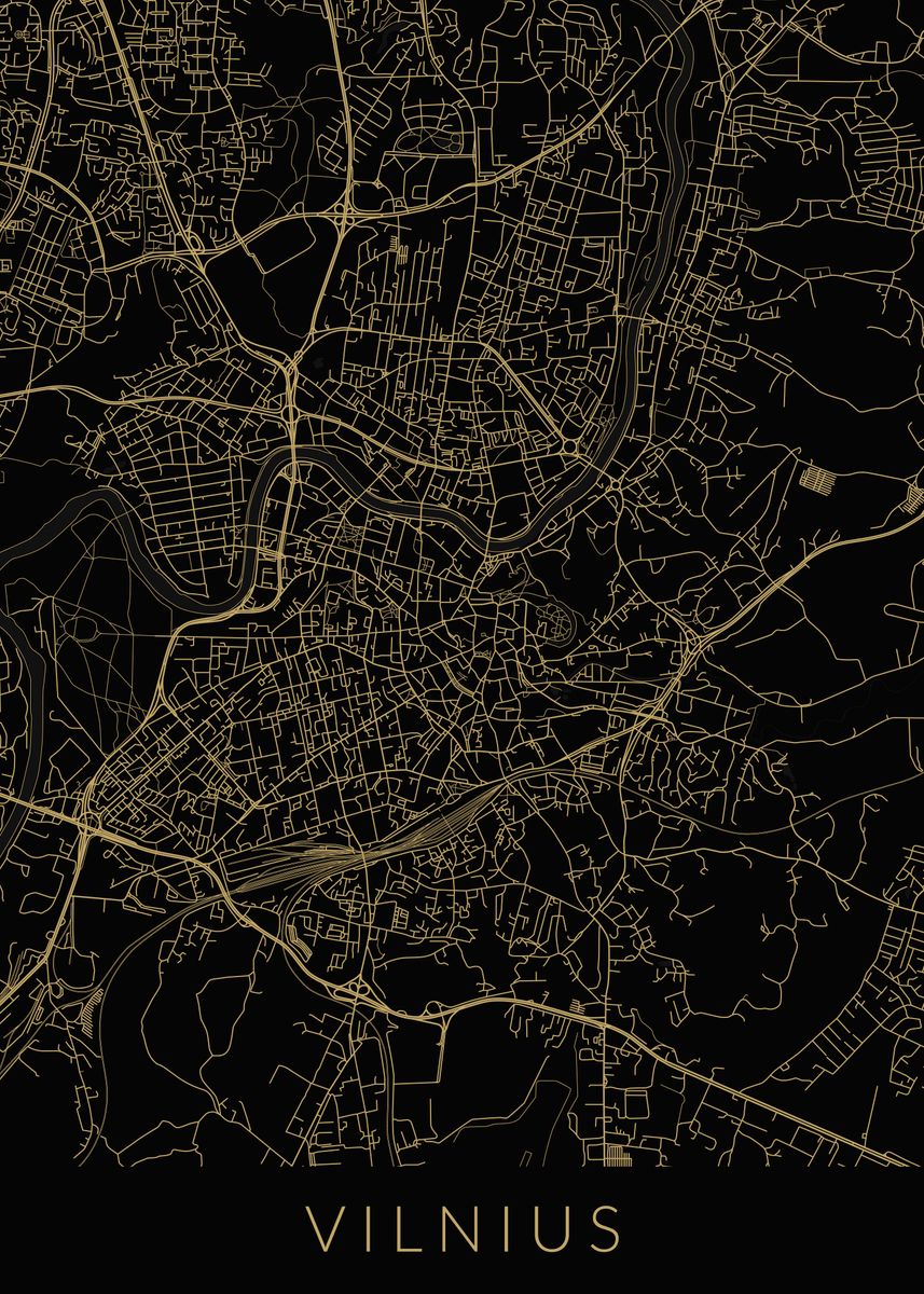 'Vilnius Map Black Gold' Poster, picture, metal print, paint by ...