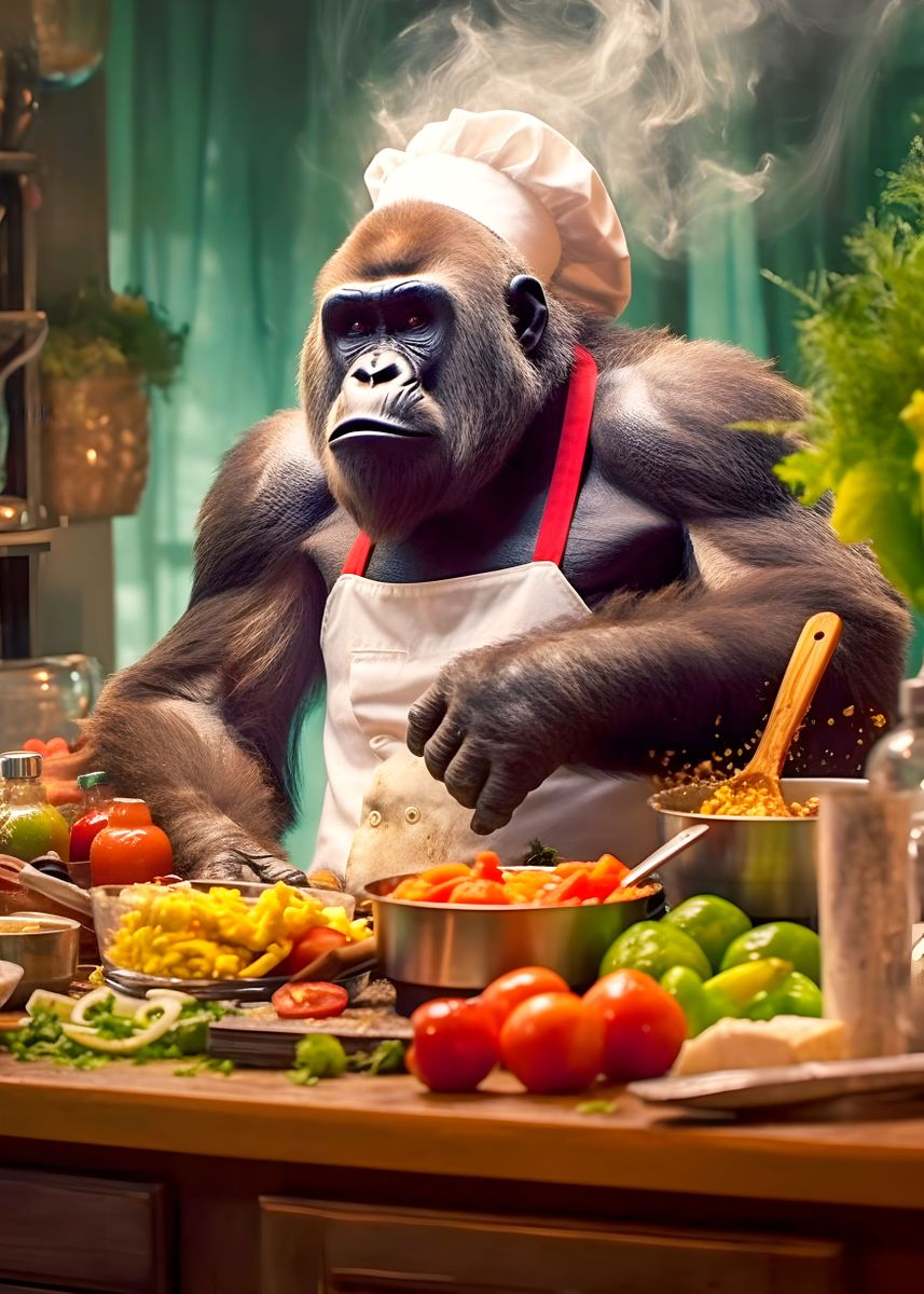 'Gorilla cooking kitchen' Poster, picture, metal print, paint by ...