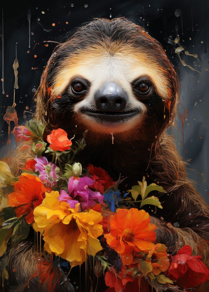 'Sloth and Flowers' Poster, picture, metal print, paint by Jensen Art ...