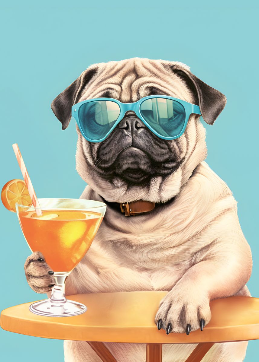 'Cool Pug Summer Chill' Poster, picture, metal print, paint by NxT ...