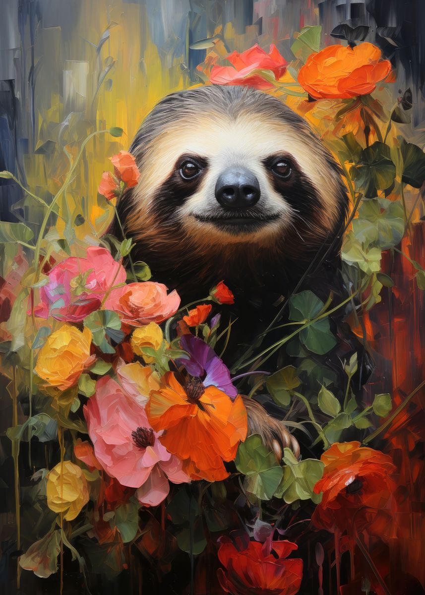 'Flower Garden Sloth' Poster, picture, metal print, paint by Jensen Art ...