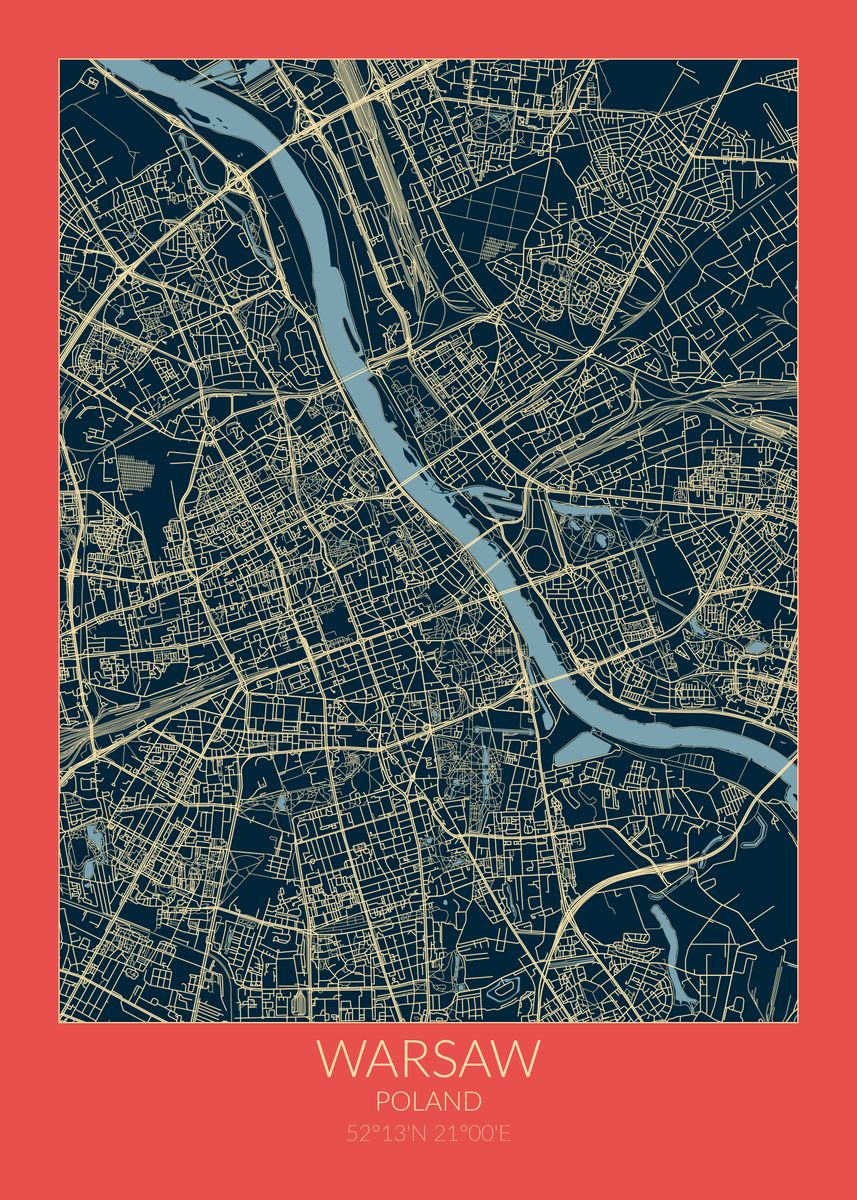 'Warsaw Map Red Blue' Poster, picture, metal print, paint by dkDesign ...