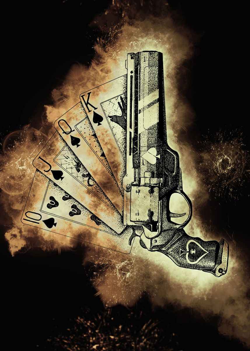 'JQK ACE gun and cards' Poster, picture, metal print, paint by Nguyen ...