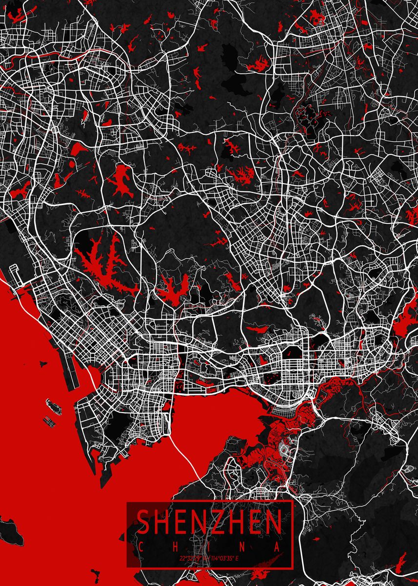 'Shenzhen City Map Oriental' Poster, picture, metal print, paint by ...