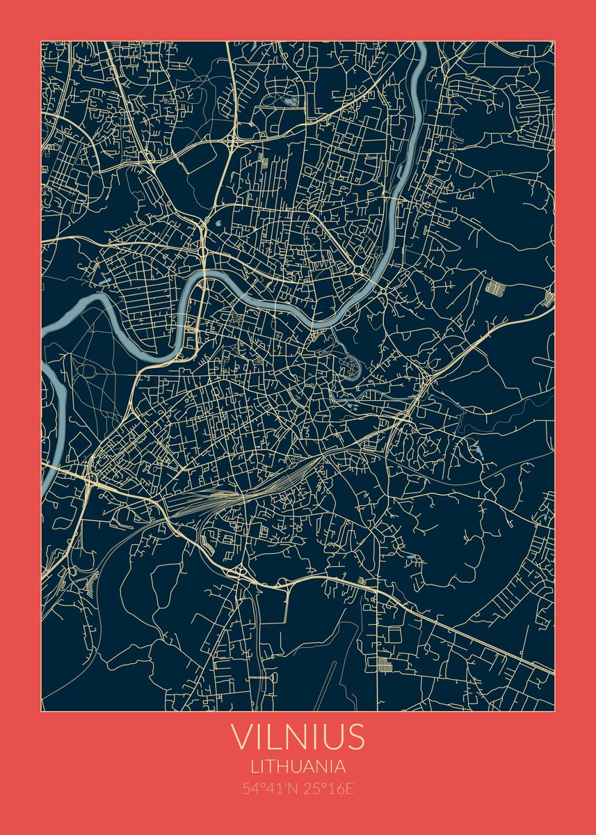 'Vilnius Map Red Blue' Poster, picture, metal print, paint by dkDesign | Displate