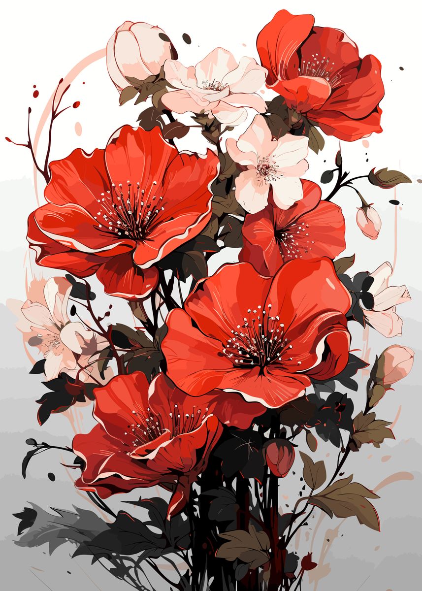 'Red Flowers 2' Poster, picture, metal print, paint by the Moooh | Displate