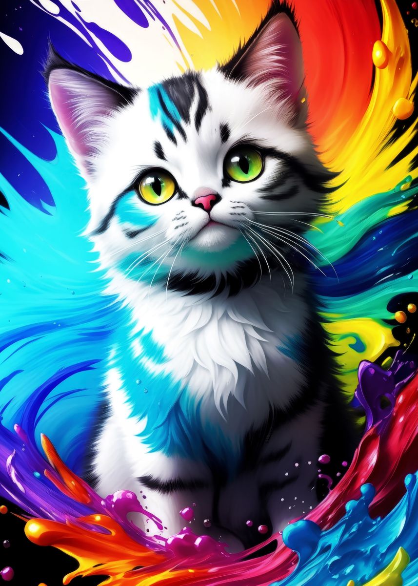'White Kitten Splash Paint' Poster, picture, metal print, paint by Juka ...