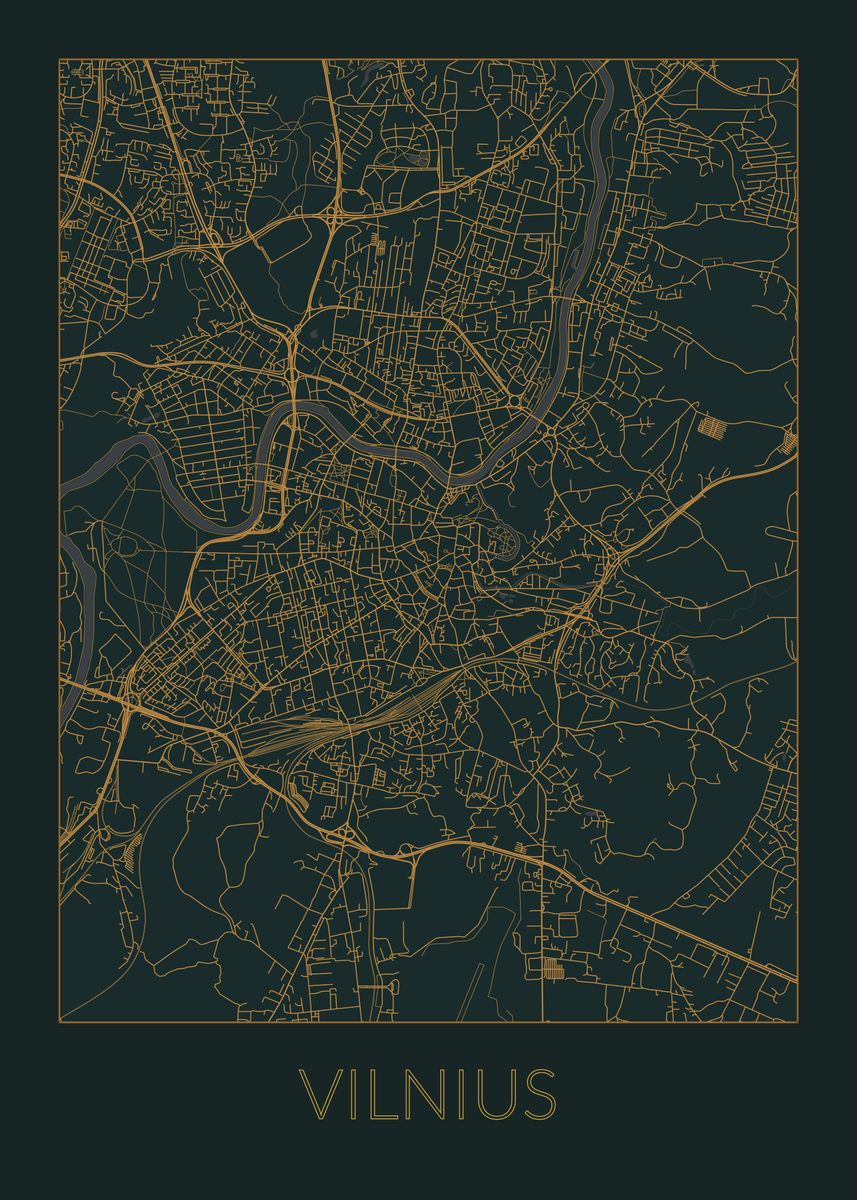 'Vilnius Gray Orange Map' Poster, picture, metal print, paint by dkDesign | Displate
