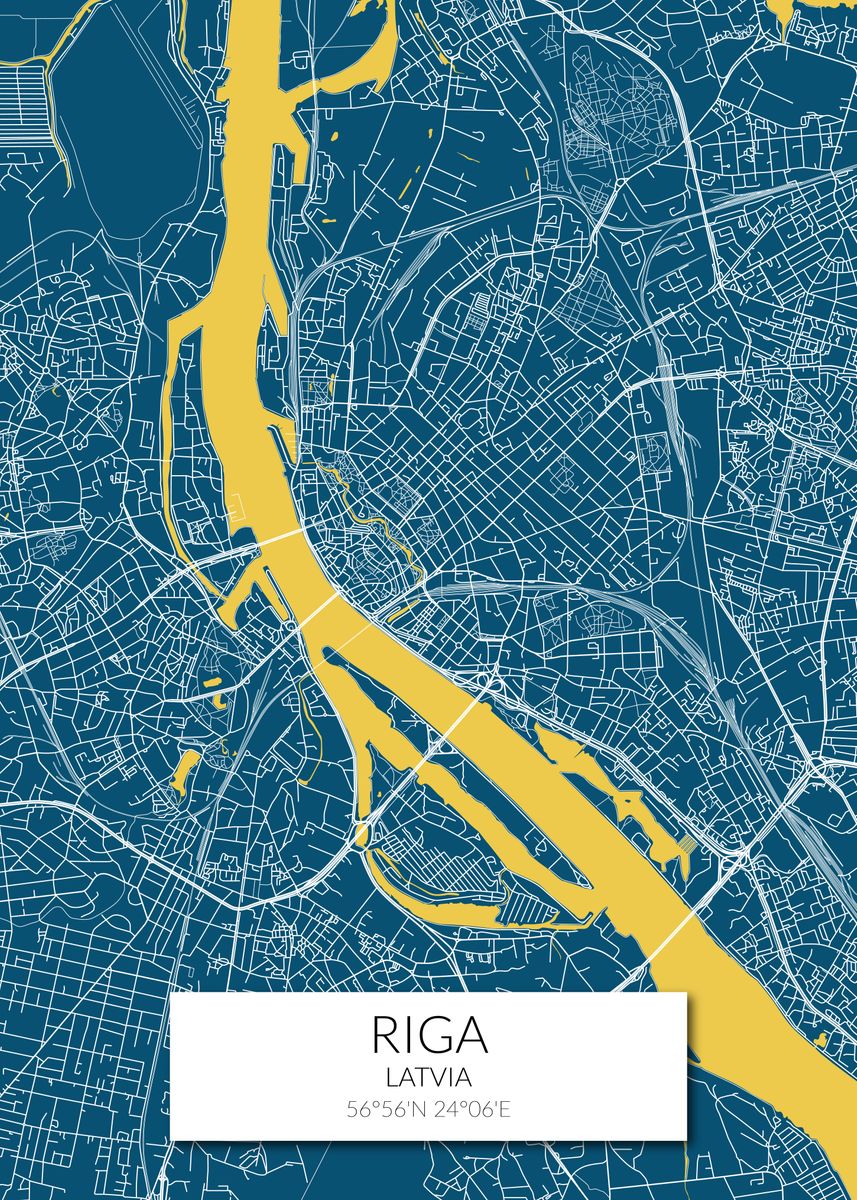'Riga Map Blue Yellow' Poster, picture, metal print, paint by dkDesign ...