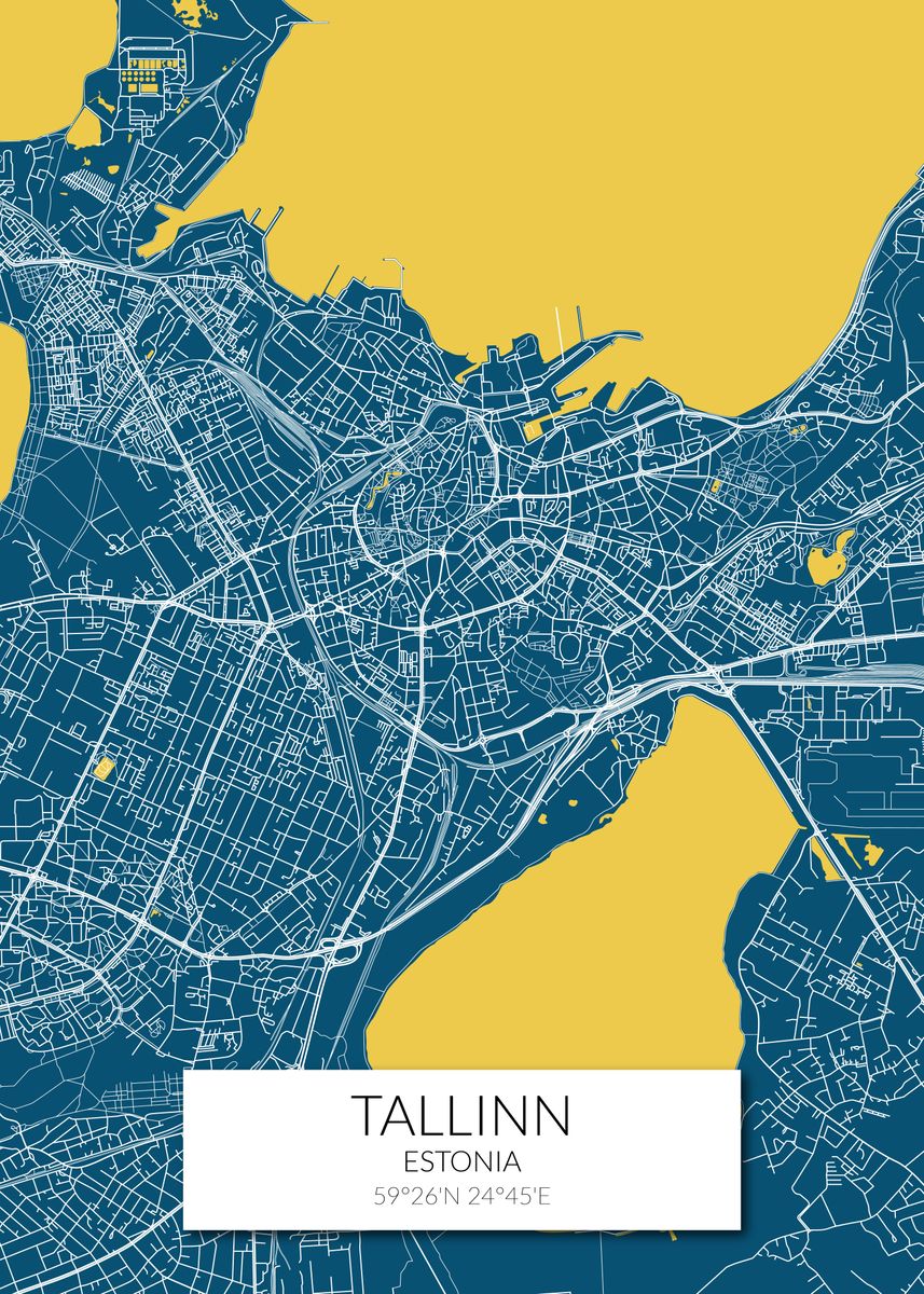 'Tallinn Map Blue Yellow' Poster, picture, metal print, paint by ...