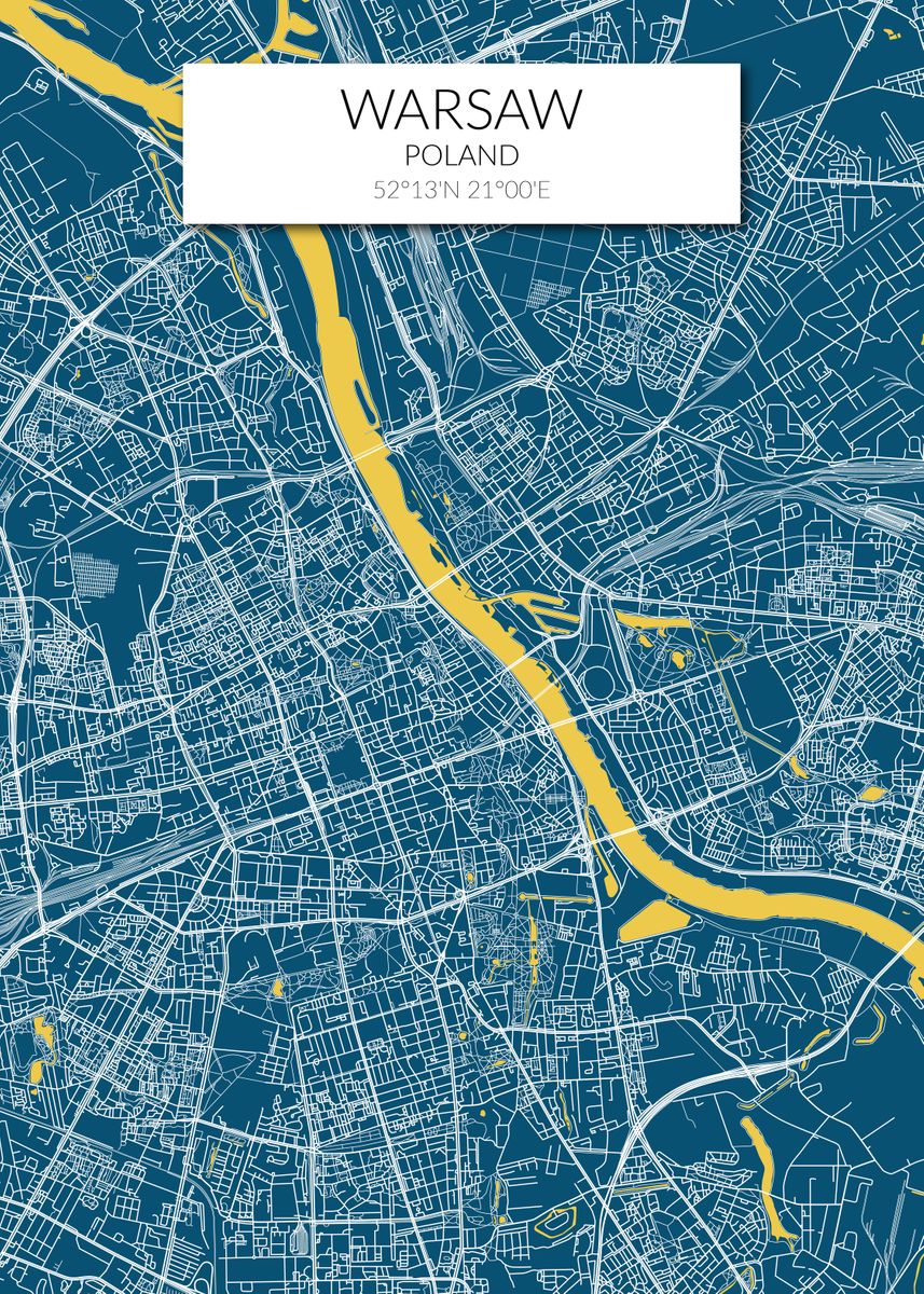 'Warsaw Map Blue Yellow' Poster, picture, metal print, paint by ...
