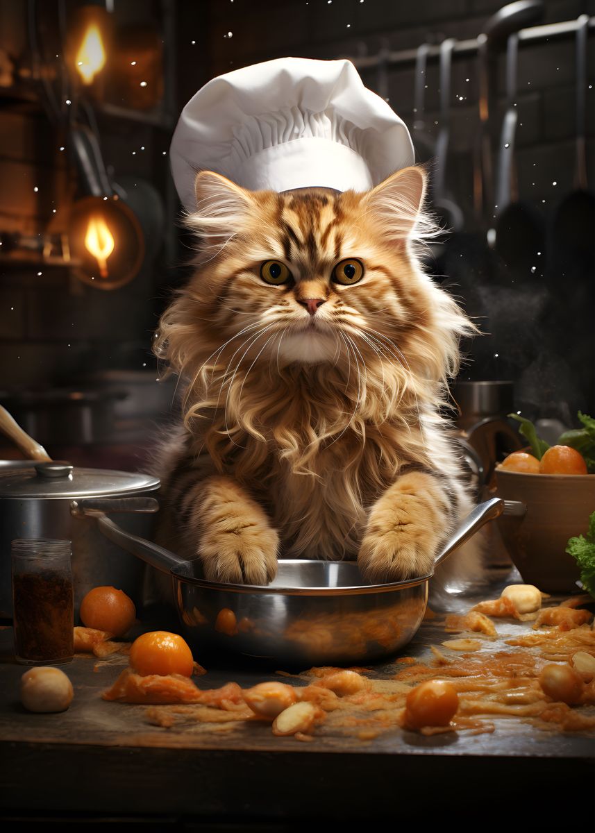 'Cat Chef' Poster, picture, metal print, paint by Mounier Wanjak | Displate