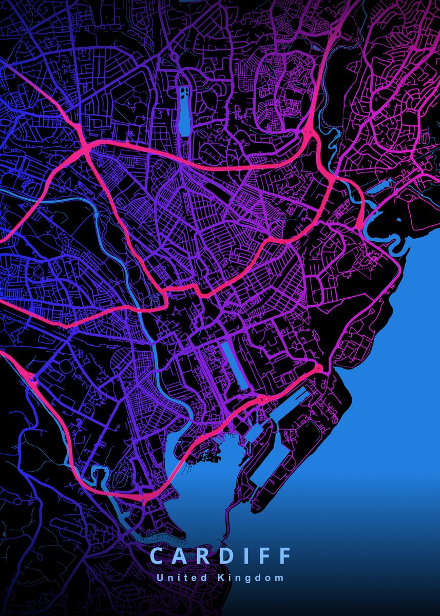'Cardiff Wales Map' Poster, picture, metal print, paint by Deeo | Displate