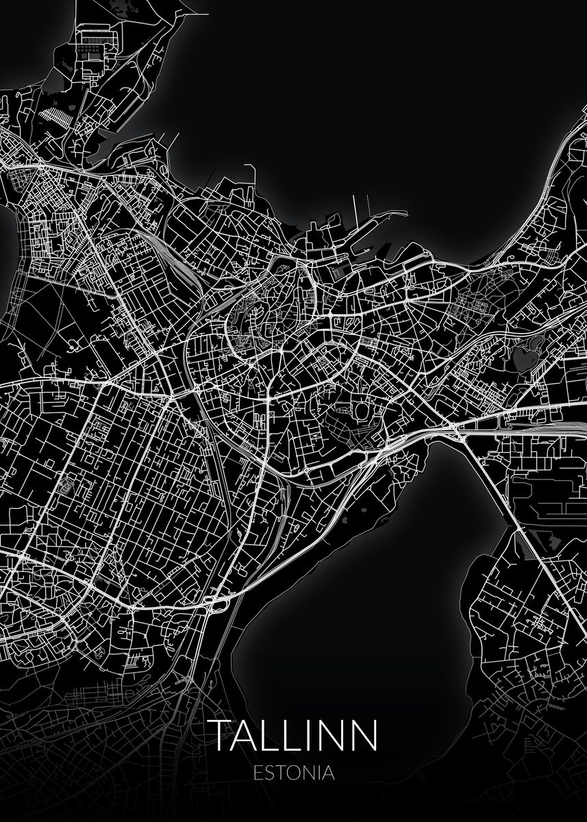 'Tallinn Map Black' Poster, picture, metal print, paint by dkDesign ...