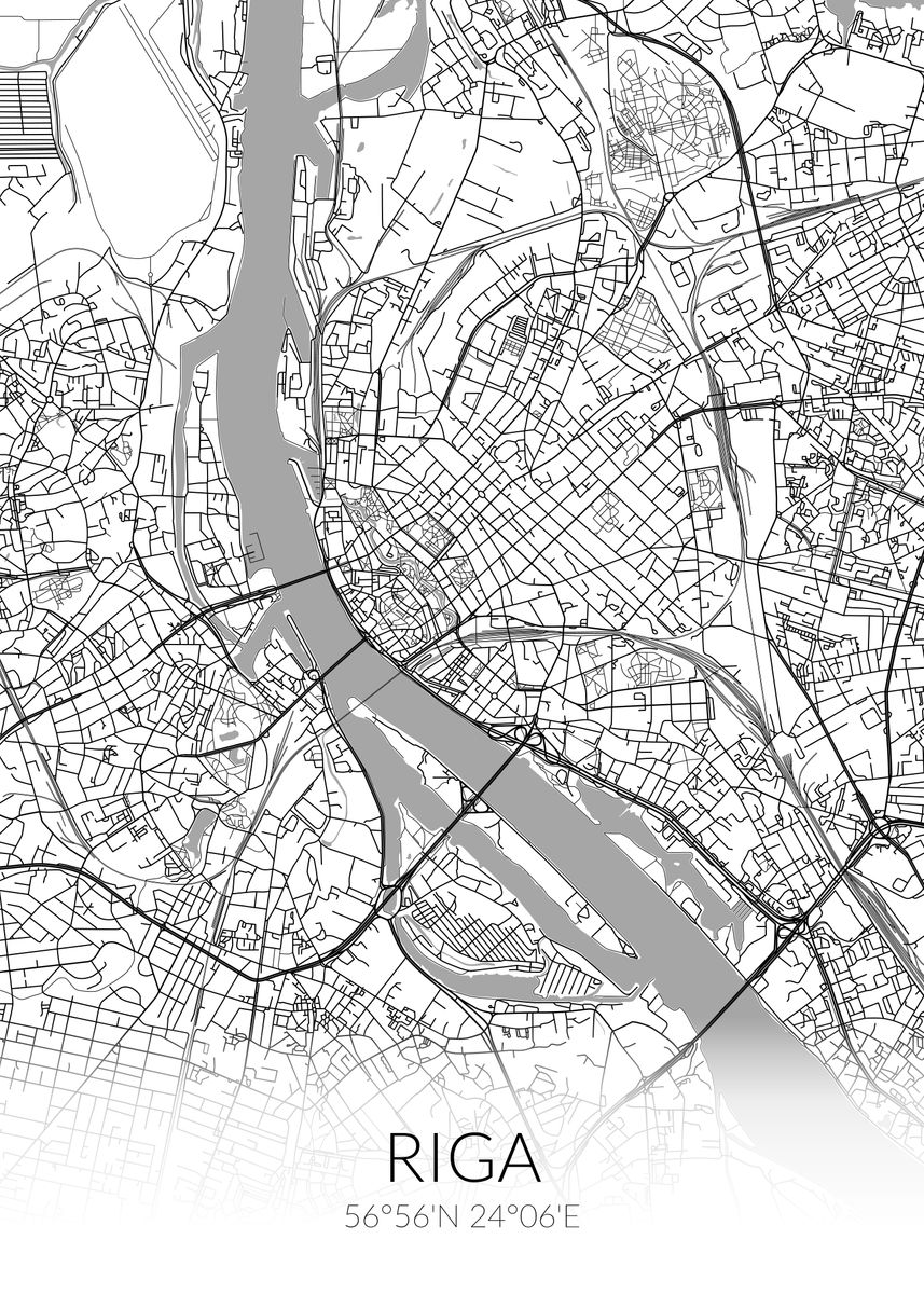 'Riga City Map White' Poster, picture, metal print, paint by dkDesign ...