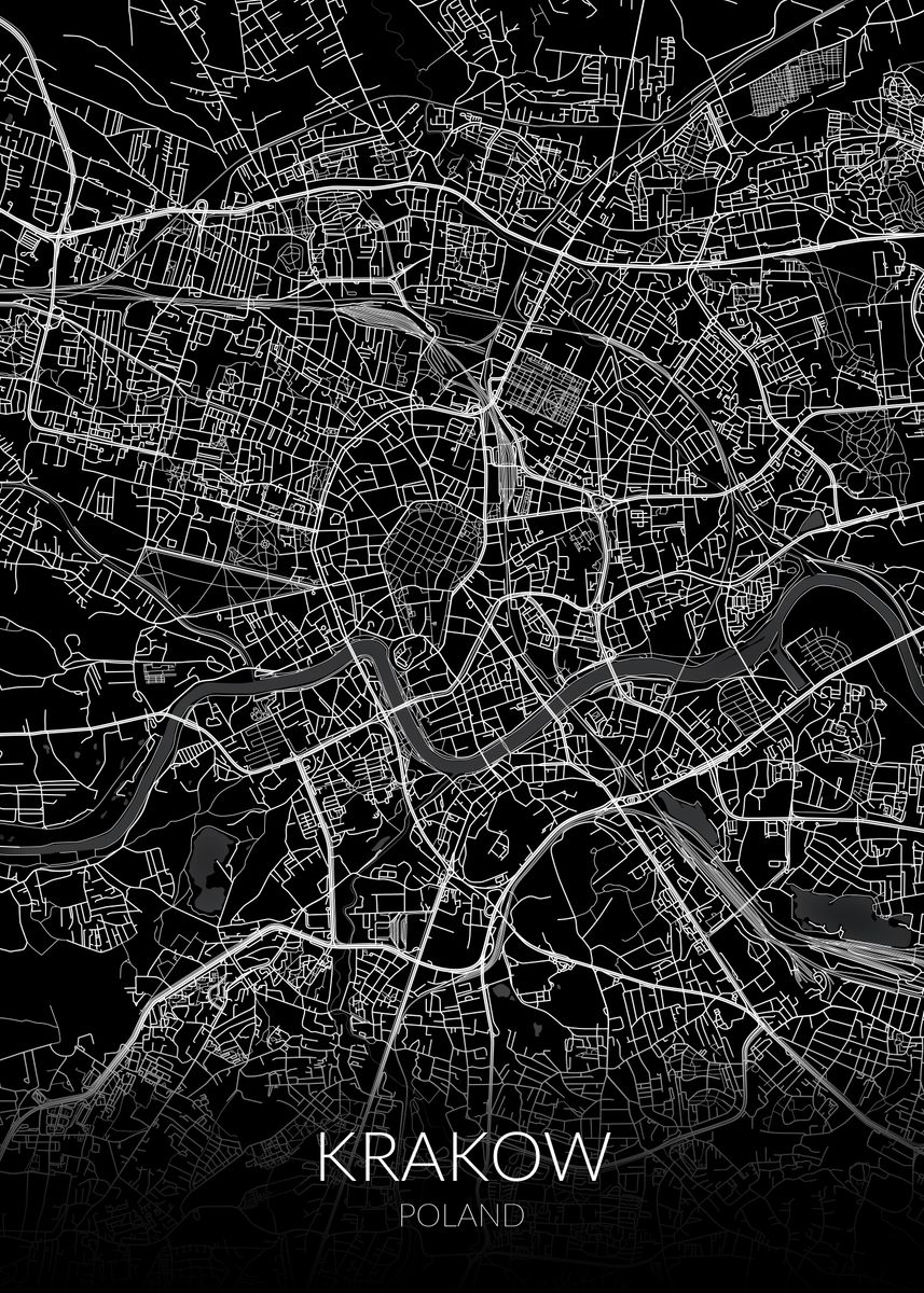 'Krakow Map Black' Poster, picture, metal print, paint by dkDesign ...