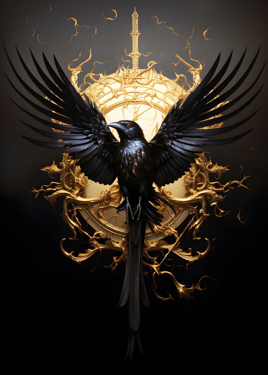 'Black and Gold Crow 01' Poster, picture, metal print, paint by ...
