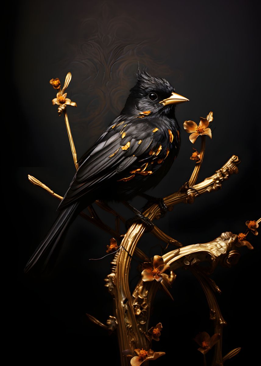 'Black and Gold Sparrow 02' Poster, picture, metal print, paint by ...