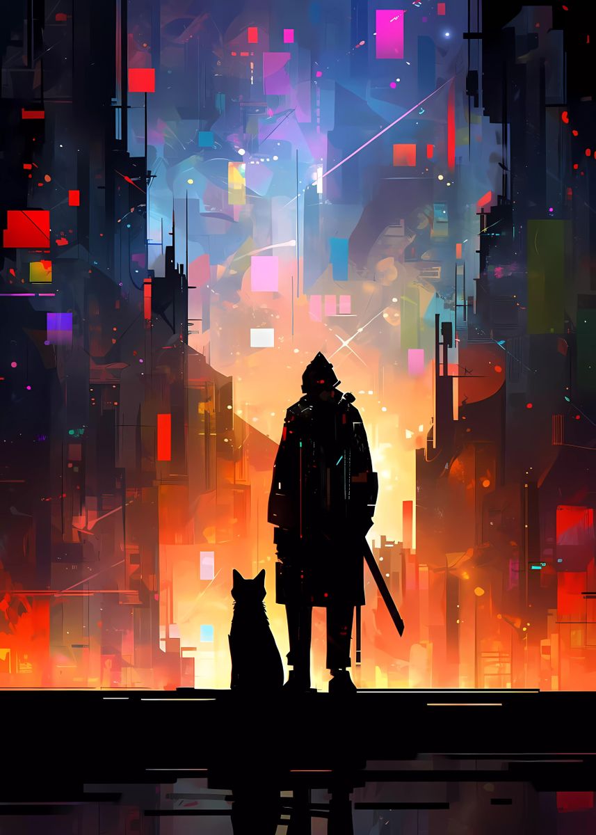 'Cyberpunk Anime City Hero' Poster, picture, metal print, paint by ...