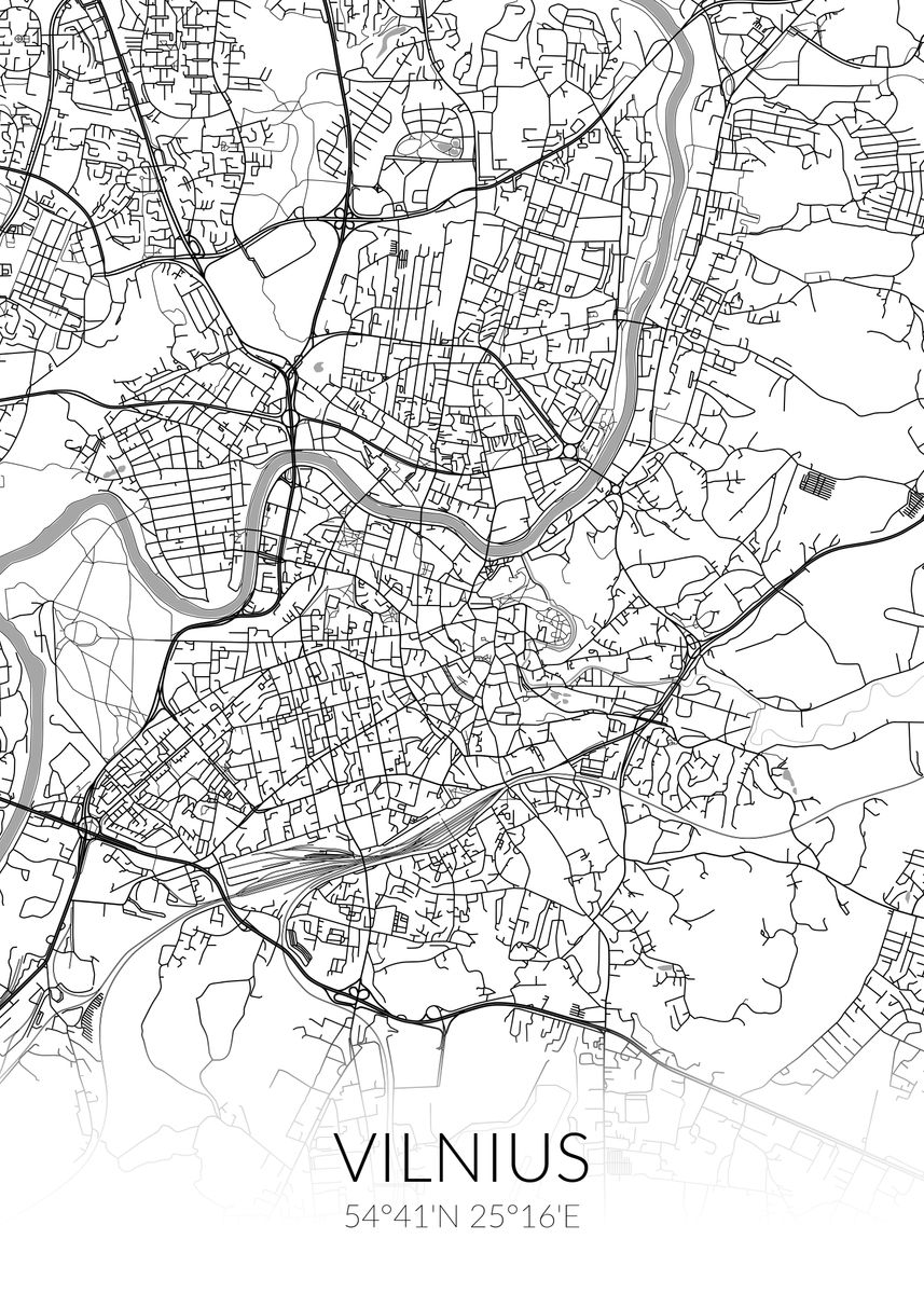 'Vilnius City Map White' Poster, picture, metal print, paint by ...