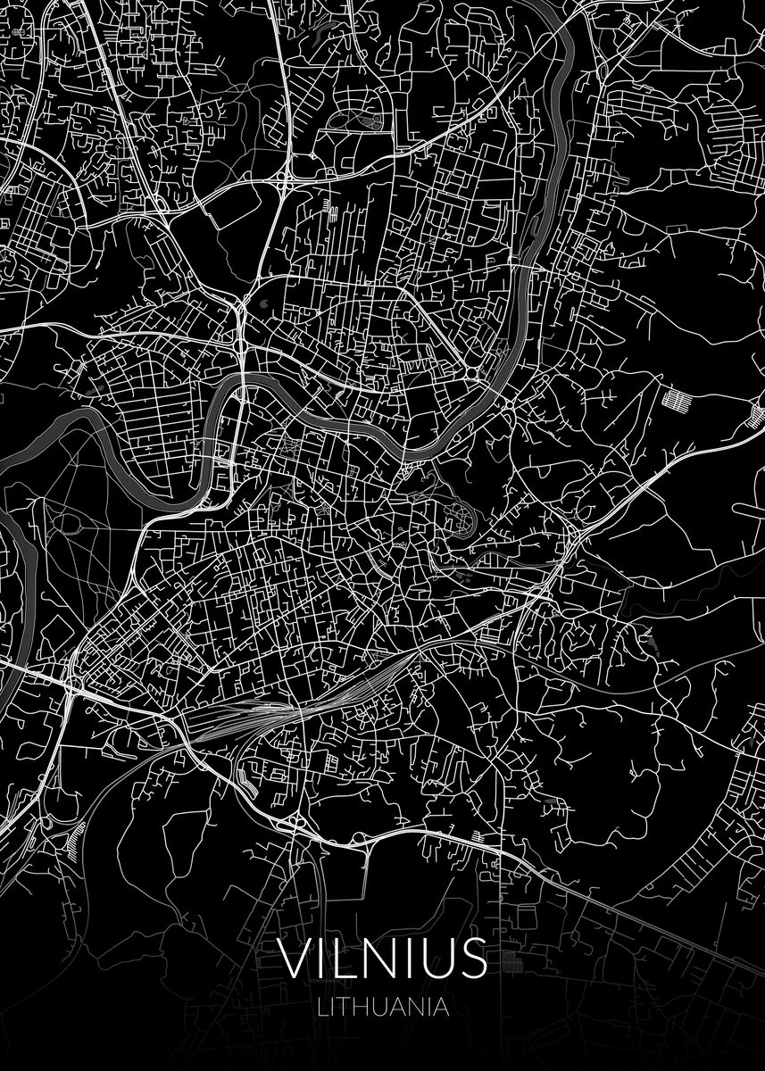 'Vilnius Map Black' Poster, picture, metal print, paint by dkDesign ...