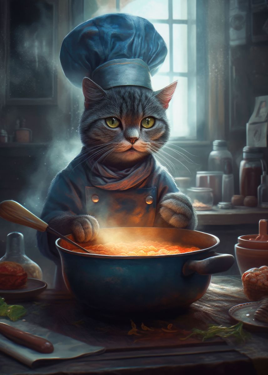 'Chef Cat' Poster, picture, metal print, paint by Bailey DHeath | Displate