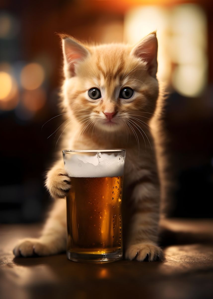 'Cute Cat Beer' Poster, picture, metal print, paint by Jan | Displate