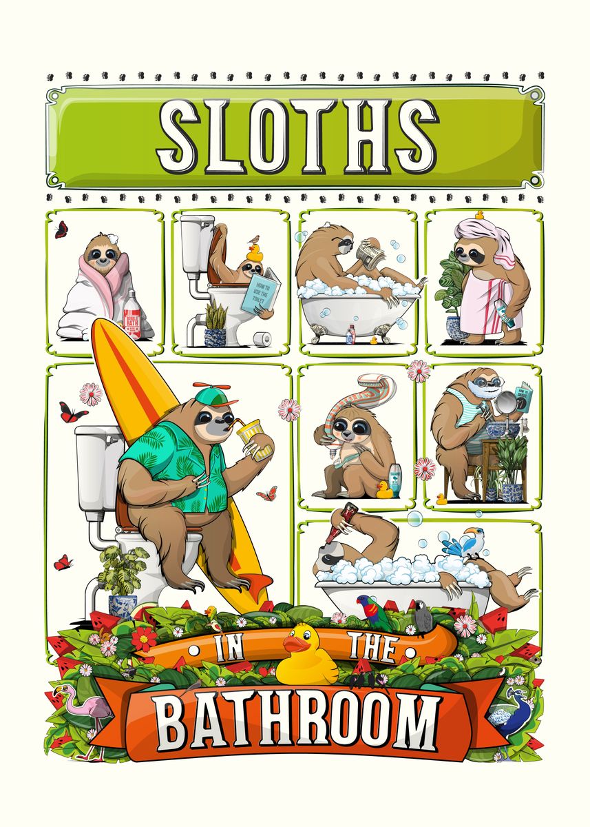 'Sloths in the Bathroom' Poster, picture, metal print, paint by ...