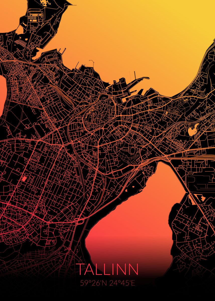 'Tallinn Map Black Orange' Poster, picture, metal print, paint by ...