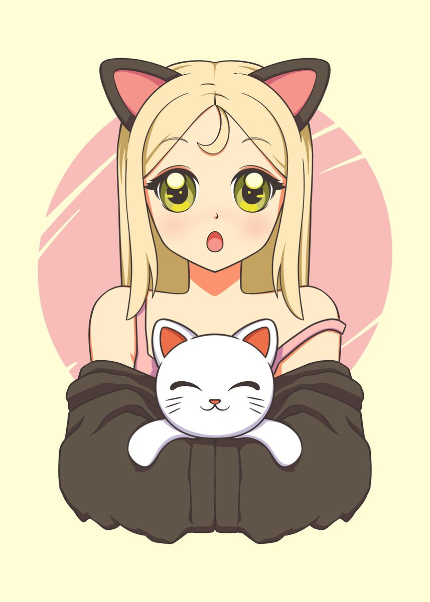 'Anime Girl and Kitty' Poster, picture, metal print, paint by Cool ...