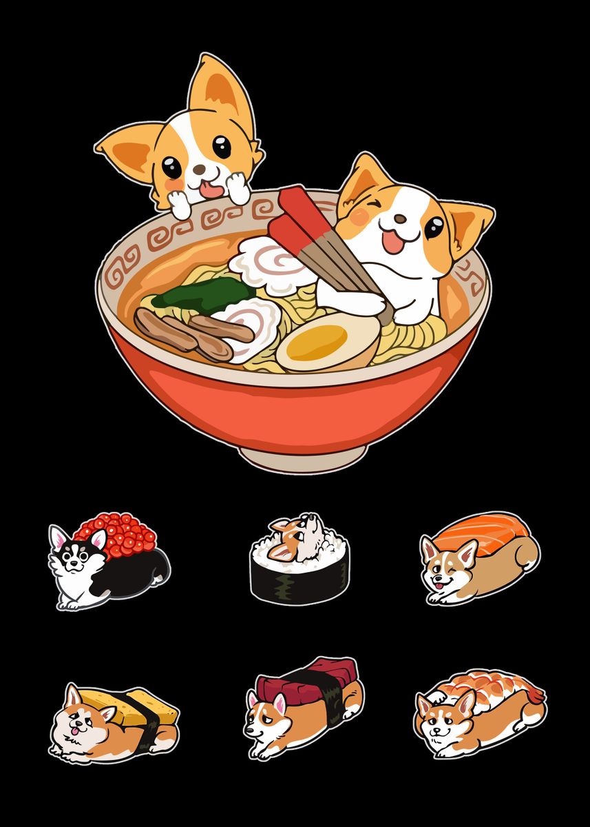 'Corgi Kawaii Ramen Sushi' Poster, picture, metal print, paint by KING STONE | Displate