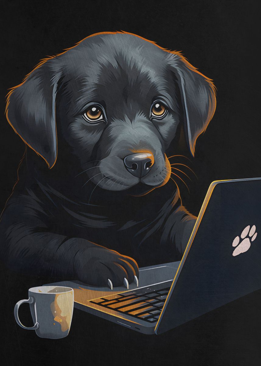 'Cute Funny Dog wit PC' Poster, picture, metal print, paint by sayp ...