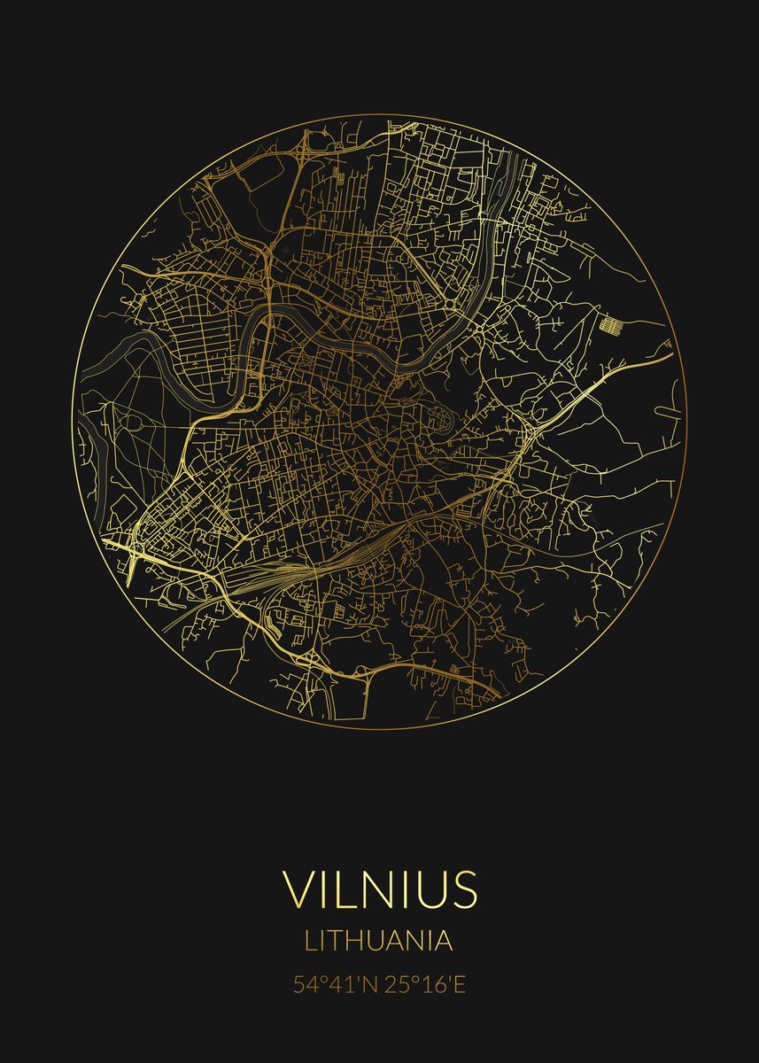 'Vilnius Black Gold Map' Poster, picture, metal print, paint by ...