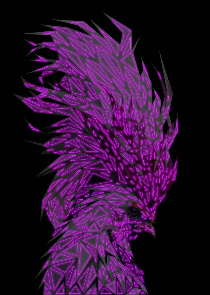 'Rooster Neon Low Poly Art' Poster, picture, metal print, paint by ...