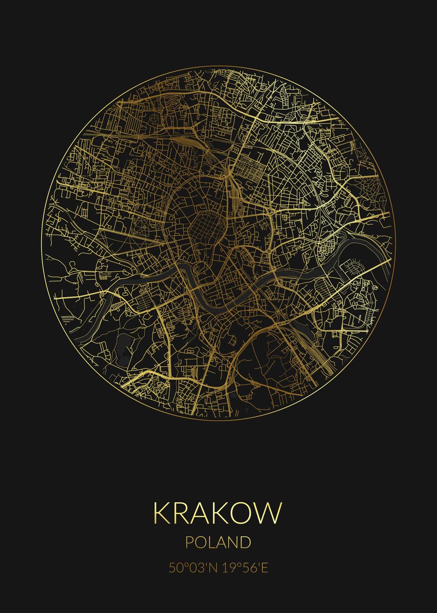 'Krakow Black Gold Map' Poster, picture, metal print, paint by dkDesign | Displate