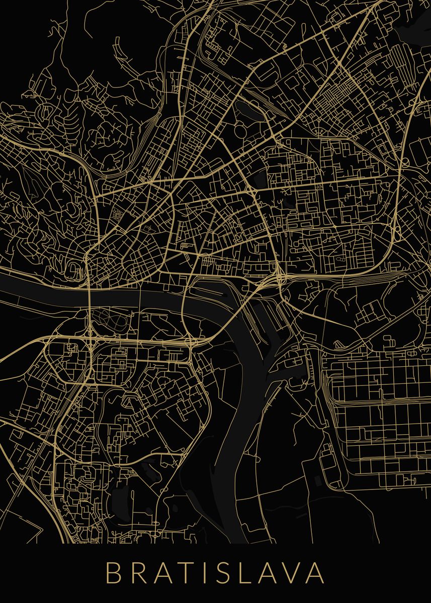 'Bratislava Map Black Gold' Poster, picture, metal print, paint by ...