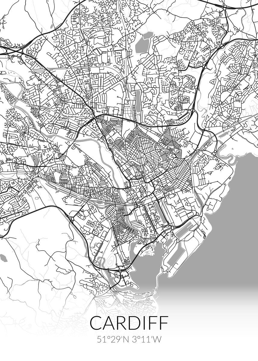 'Cardiff City Map White' Poster, picture, metal print, paint by ...