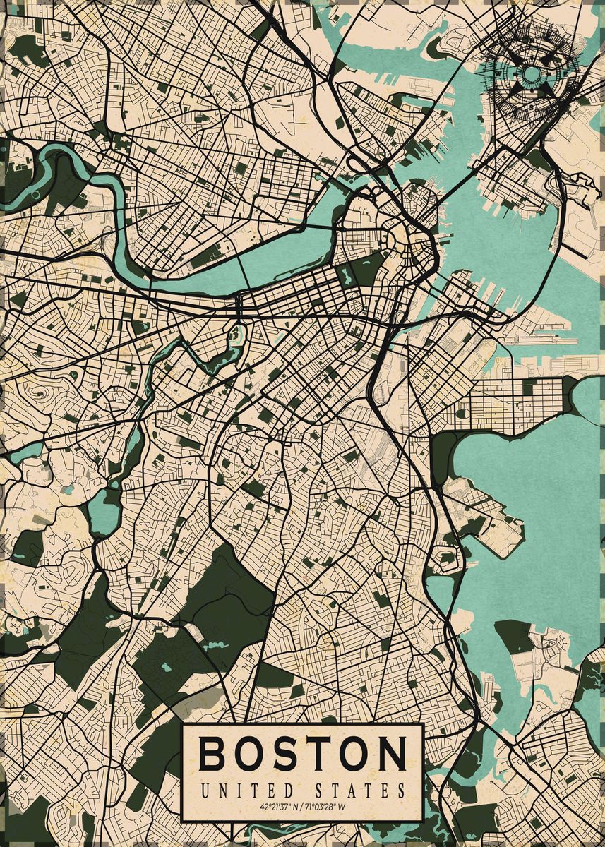 'Boston City Map Vintage' Poster, picture, metal print, paint by deMAP ...